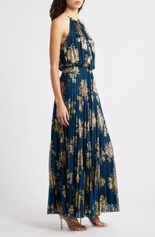 Halogen Pleated High Neck Maxi Dress - Dark Forest