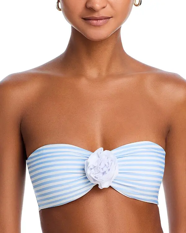 Aqua Rosette Striped Bandeau Bikini Top - Blue Stripe