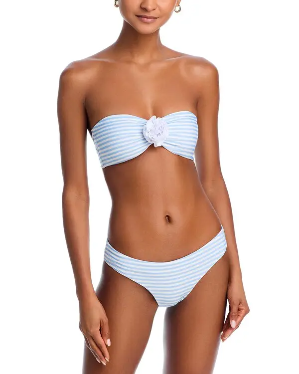 Aqua Rosette Striped Bandeau Bikini Top - Blue Stripe