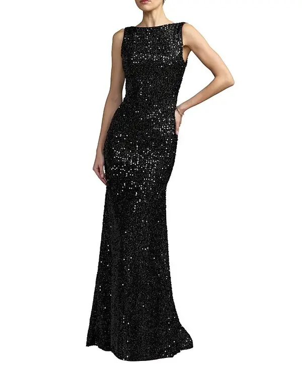 Mac Duggal Sequined Boat Neck Gown With Cowl Back And Bow - Black