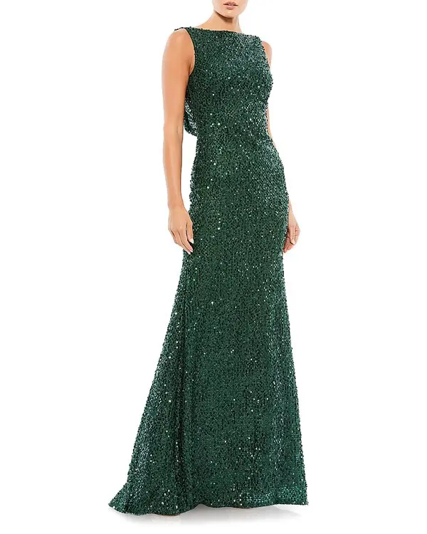 Mac Duggal Sequin Embellished Gown With Cowl Back And Bow Detail - Emerald