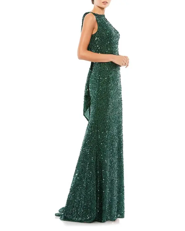 Mac Duggal Sequin Embellished Gown With Cowl Back And Bow Detail - Emerald