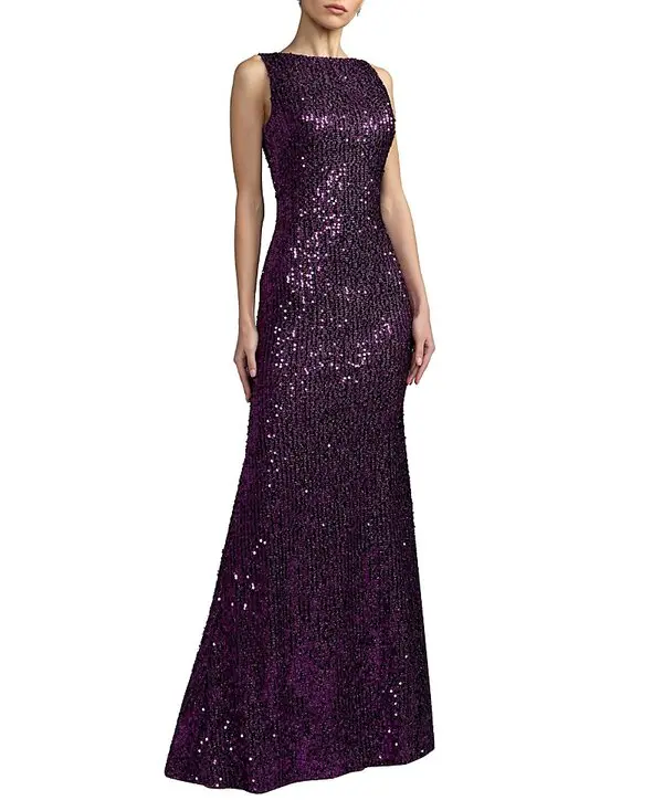 Mac Duggal Cowl Back Boat Neck Sequined Evening Gown - Plum