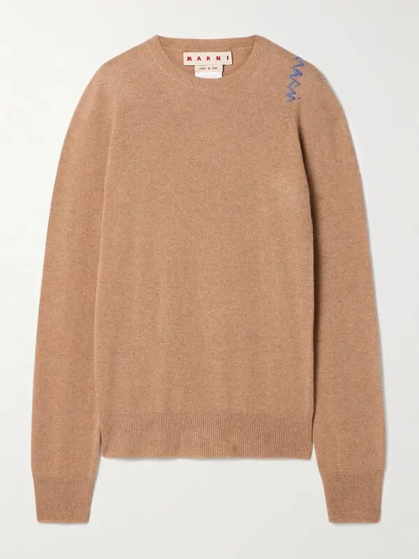 Marni Embroidered Wool And Cashmere-blend Sweater - Brown