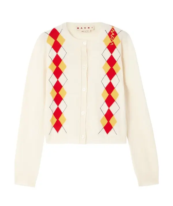 Marni Cropped Embroidered Argyle Wool Cardigan - Cream
