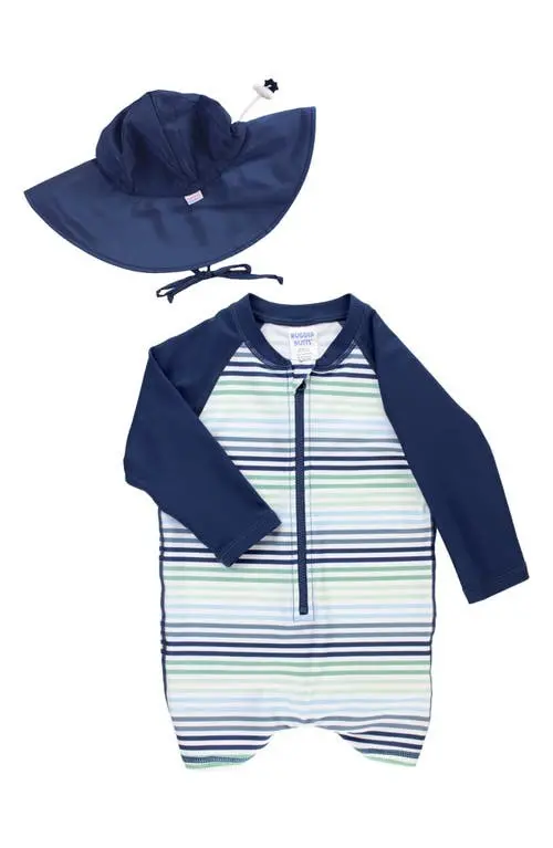 RUGGEDBUTTS One-piece Rashguard Swimsuit And Hat Set - Coastal Stripe