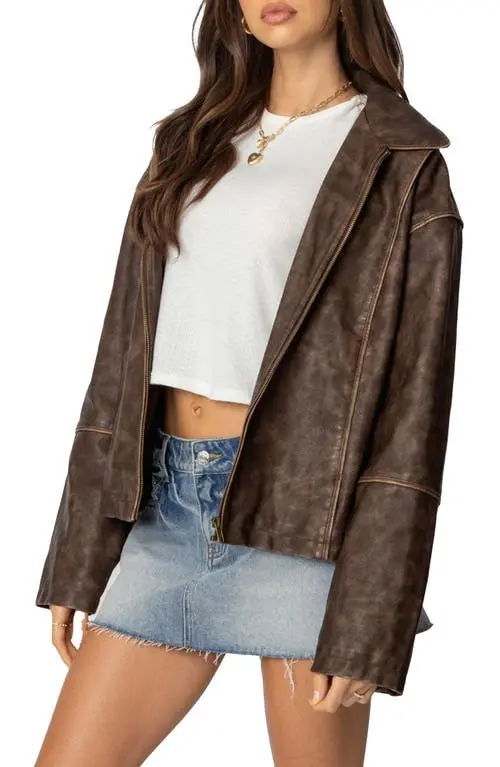 EDIKTED Oversized Faux Leather Jacket - Brown-washed