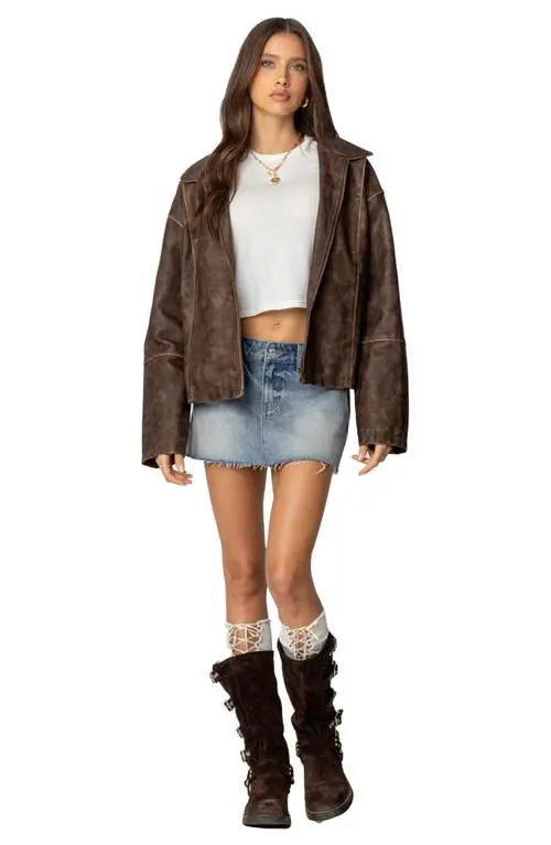 EDIKTED Oversized Faux Leather Jacket - Brown-washed