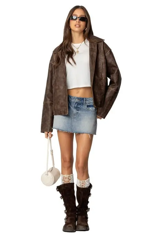 EDIKTED Oversized Faux Leather Jacket - Brown-washed