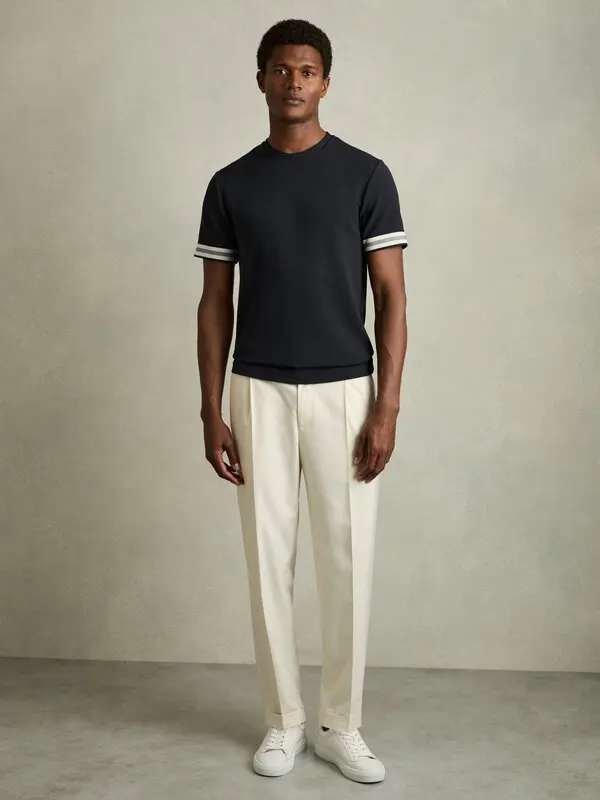 REISS Emmerson Tape-cuff Textured T-shirt - Navy