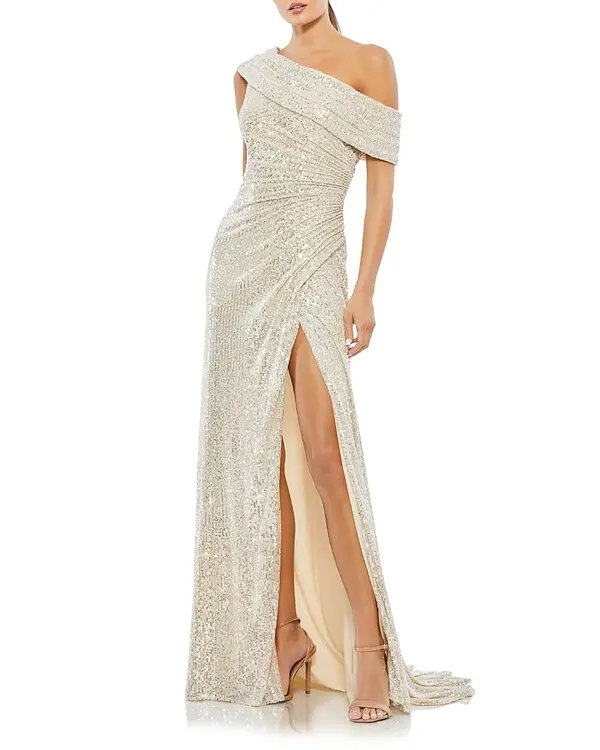 Mac Duggal Ieena One-shoulder Sequined Gown - Nude