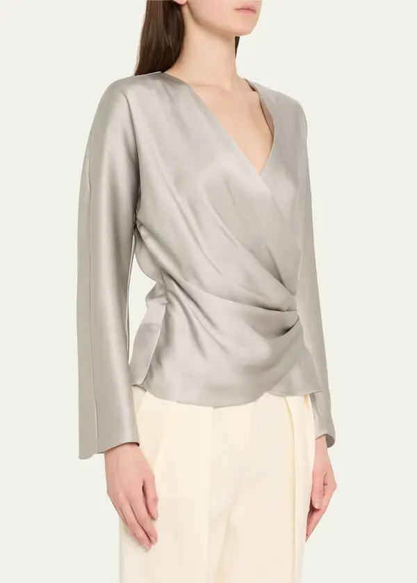 Giorgio Armani Draped Double Silk Wrap Shirt - Silver