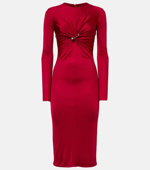 Versace Safety Pin Gathered Jersey Midi Dress In Lipstick - Red