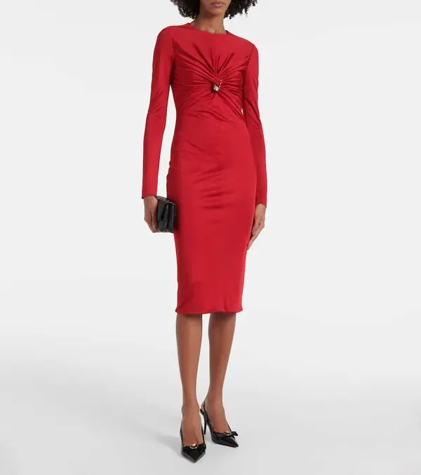 Versace Safety Pin Gathered Jersey Midi Dress In Lipstick - Red