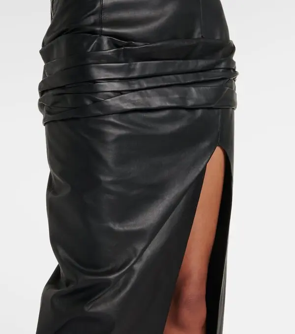 Attico Draped Strapless Leather Midi Dress