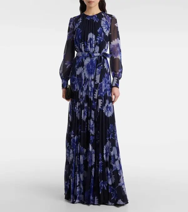 Erdem Floral Pleated Gown - Blue