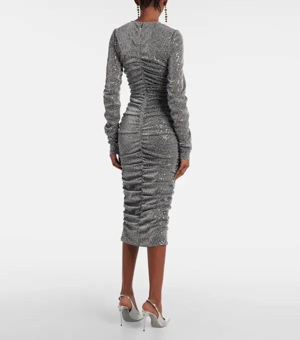 silver ruched midi dress La Maise Studio Ruched Foil Midi Dress In Silver - 83% Off