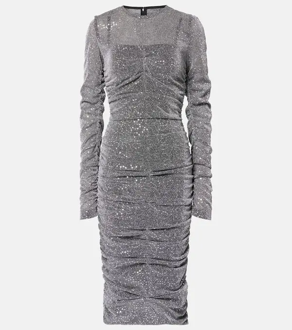 Dolce & Gabbana Sequined Ruched Midi Dress - Silver