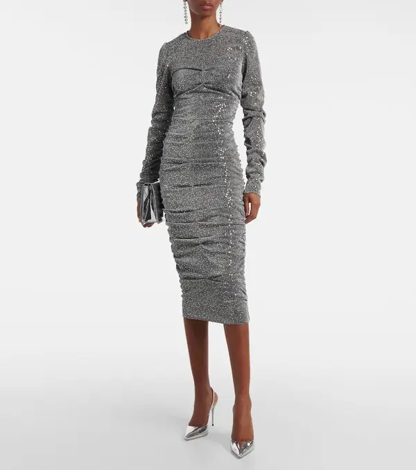 Dolce & Gabbana Sequined Ruched Midi Dress - Silver