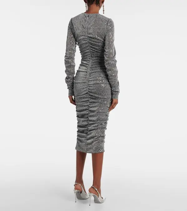 Dolce & Gabbana Sequined Ruched Midi Dress - Silver