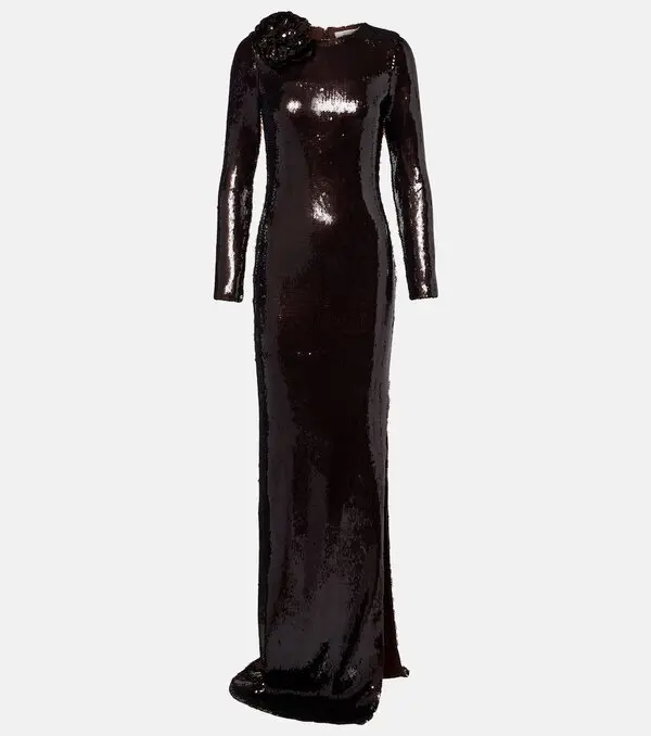 RODARTE Floral-appliqué Sequined Gown - Brown