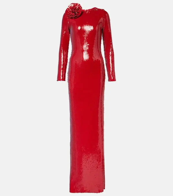 RODARTE Floral-appliqué Sequined Gown - Red