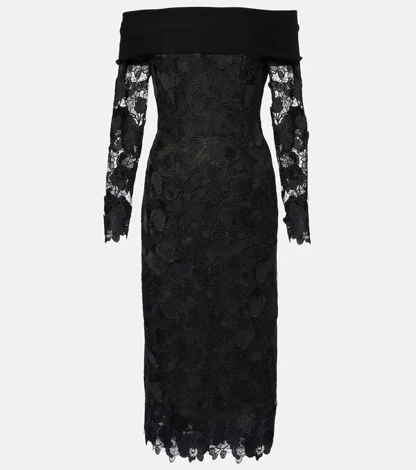 Oscar De La Renta Orchid Floral Guipure Midi Dress - Black