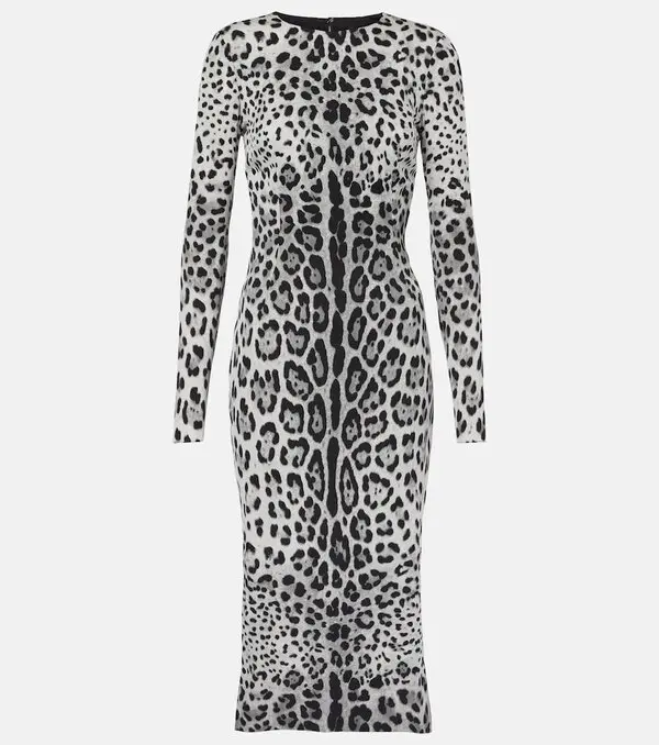 Dolce & Gabbana Leopard-print Silk-blend Midi Dress - Grey