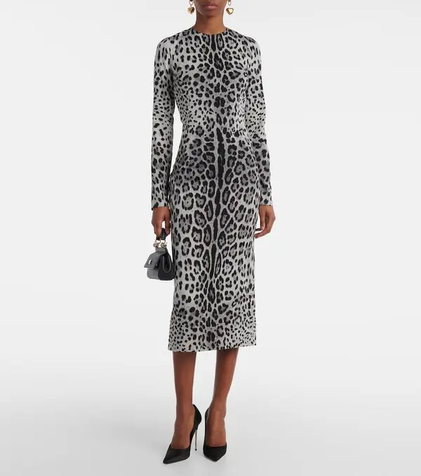 Dolce & Gabbana Leopard-print Silk-blend Midi Dress - Grey