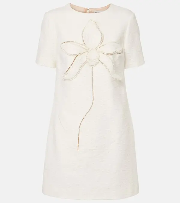 Oscar De La Renta Orchid Embroidered Tweed Dress - White