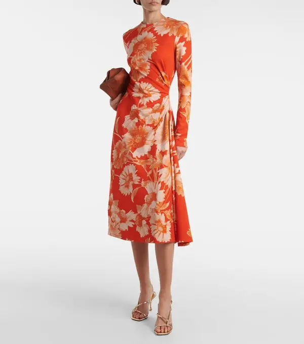 Erdem Floral Draped Ponte Jersey Midi Dress - Red