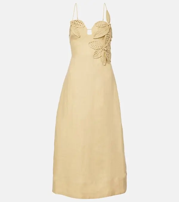 Farm Rio Floral-Appliqu Linen Midi Dress - Yellow - 30% Off | Editorialist