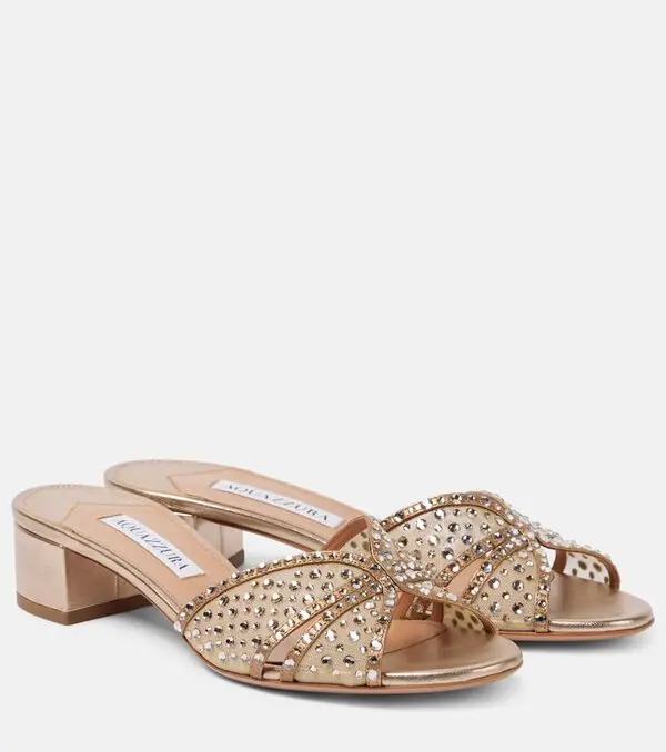 AQUAZZURA Crystal Love 35 Embellished Mules - Beige
