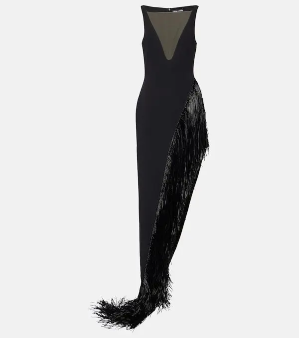 David Koma Fringed Asymmetric Gown - Black