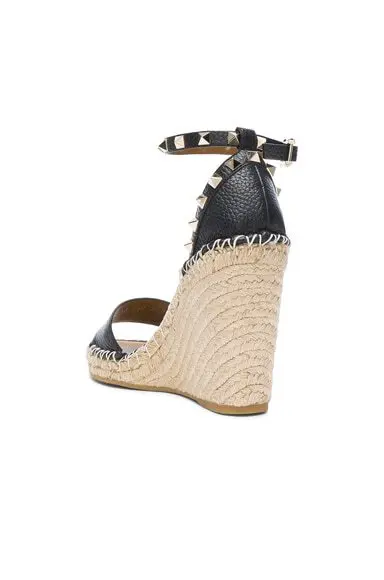 Valentino Garavani Leather Rockstud Espadrille Wedges - Black