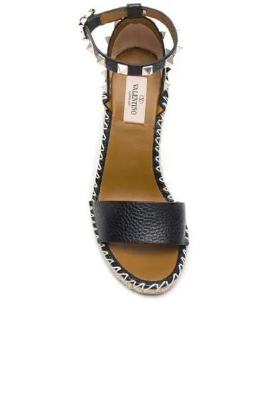 Valentino Garavani Leather Rockstud Espadrille Wedges - Black