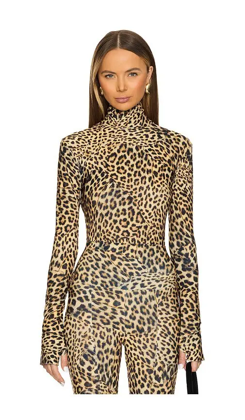 Norma Kamali Slim Fit Long Sleeve Turtleneck Top - Cheetah Patch