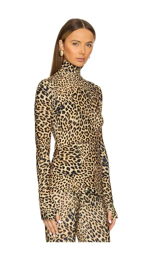 Norma Kamali Slim Fit Long Sleeve Turtleneck Top - Cheetah Patch