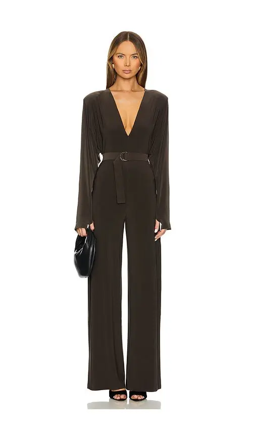 Norma Kamali Dolman V-neck Jumpsuit With Shoulder Pads - Espresso