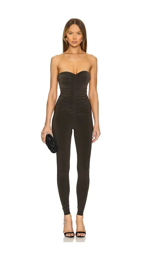 Norma Kamali Strapless Shirred Front Catsuit - Espresso