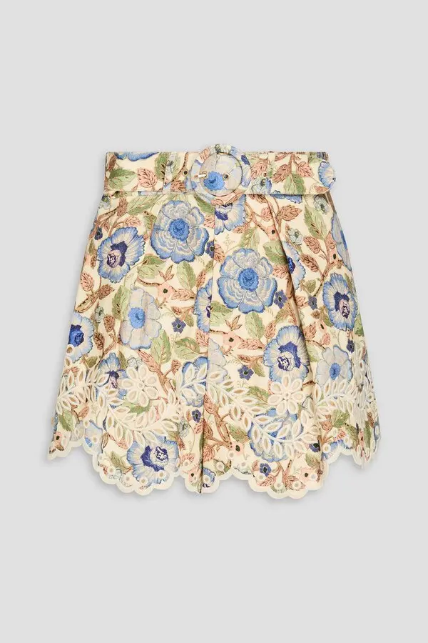 Zimmermann Belted Floral Broderie Anglaise Linen Shorts