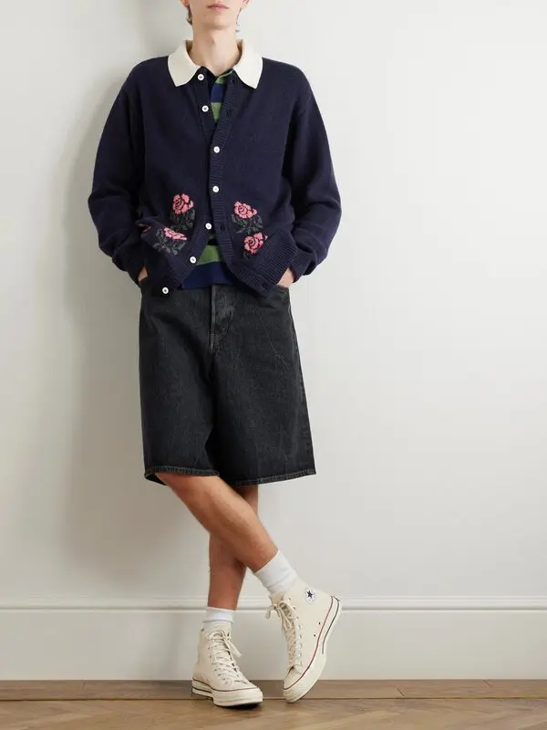 Buy NOAH Floral-jacquard Shetland Wool Cardigan - Blue At 50% Off