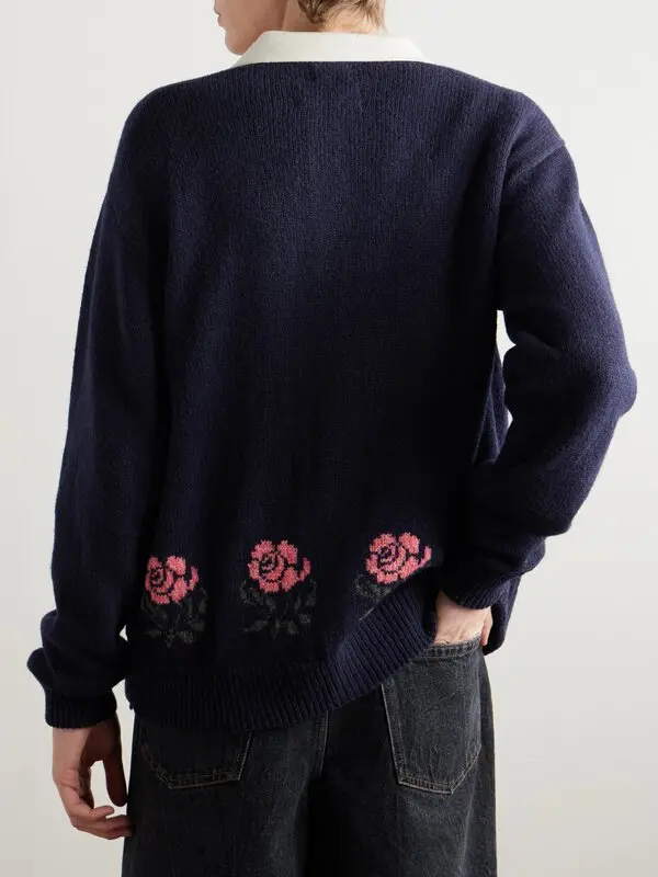 Buy NOAH Floral-jacquard Shetland Wool Cardigan - Blue At 50% Off