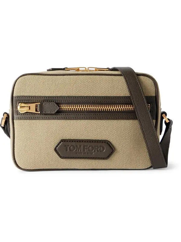 TOM FORD Logo-embossed Leather-trimmed Cotton-canvas Messenger Bag - Neutrals