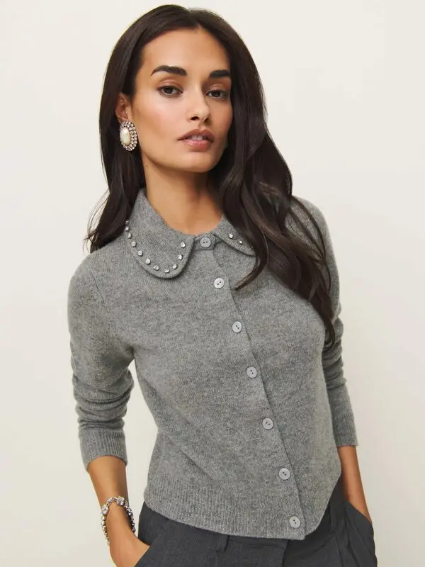 REFORMATION Nyla Regenerative Wool Cardigan With Rhinestone Embellishment
