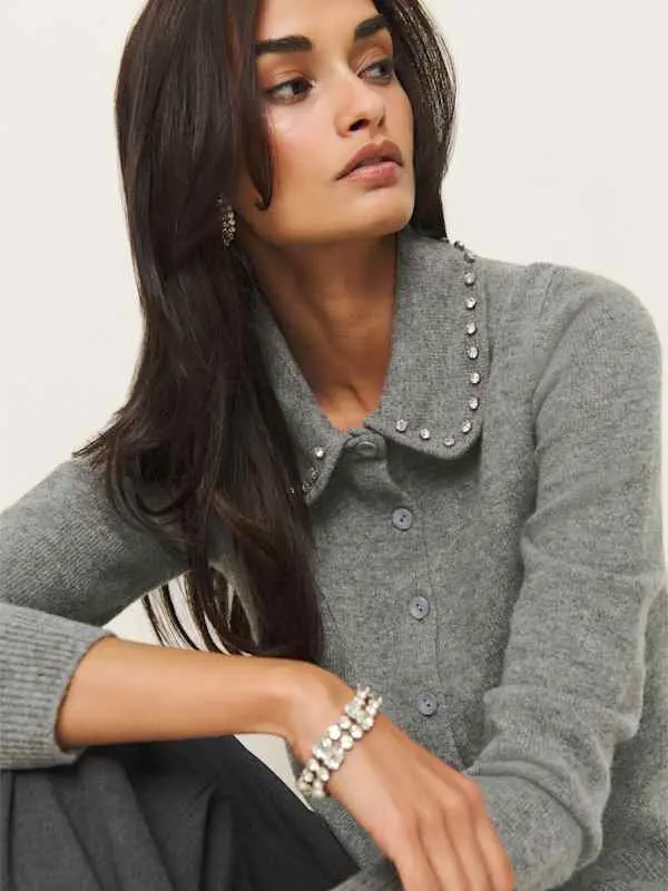 REFORMATION Nyla Regenerative Wool Cardigan With Rhinestone Embellishment