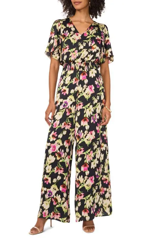 Vince Camuto Floral Flutter Sleeve Jumpsuit - Rich Black