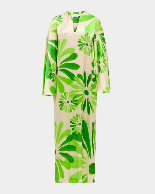 Themis Z Flora Printed Side-Slit Maxi Caftan Green On Beige