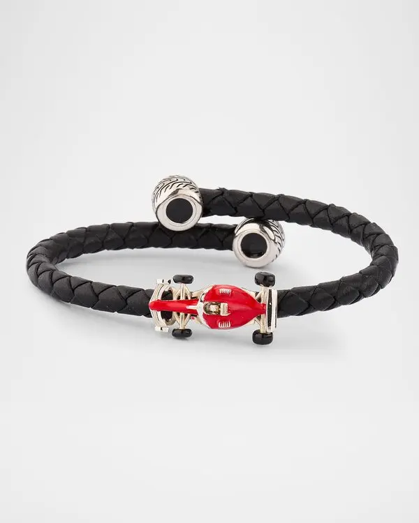JAN LESLIE Braided Leather Bracelet With Enamel Race Car - Black