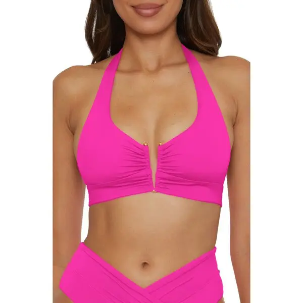 BECCA® By Rebecca Virtue Shirred V-wire Halter Bikini Top - Pink Flamb